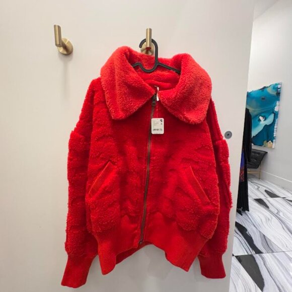 Free People | Jackets & Coats | Free People Red Fluffy Jacket | Poshmark